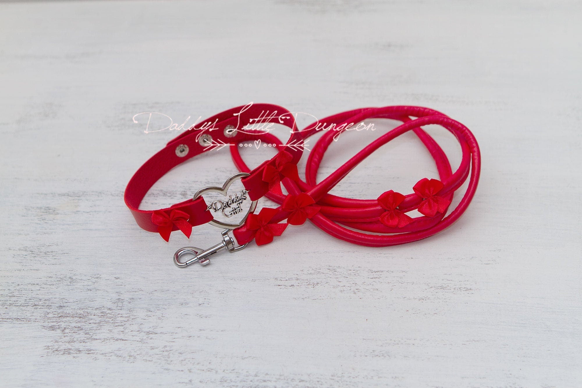 DDLG Pretty Red BDSM Bondage Collar & Leash Set Bows Submissive Master ...