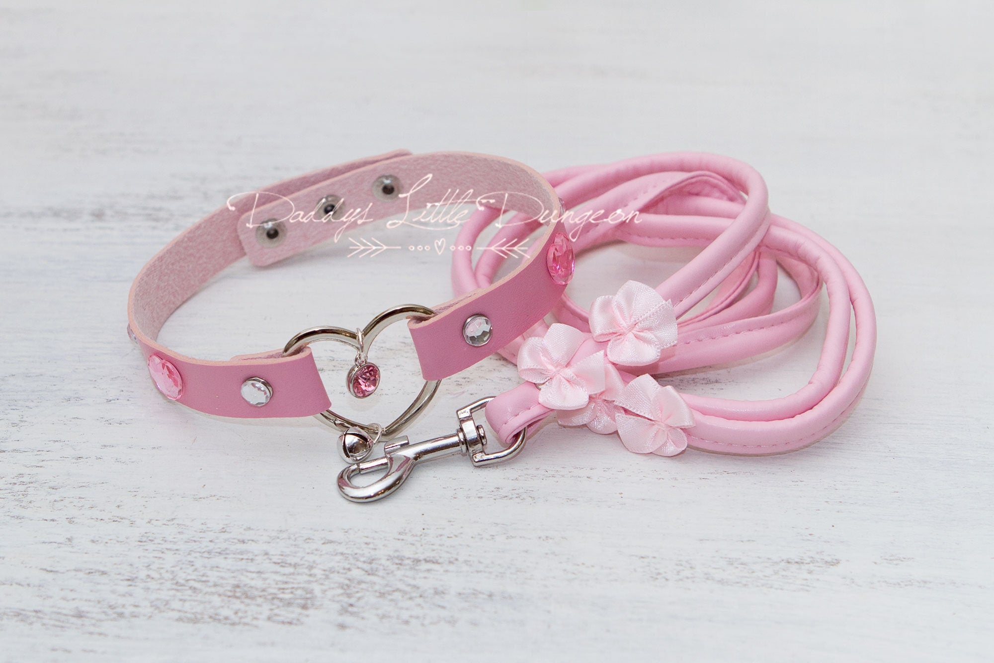 DDLG Pretty Pink BDSM Bondage Collar & Leash Set Satin Bows Sub Master ...